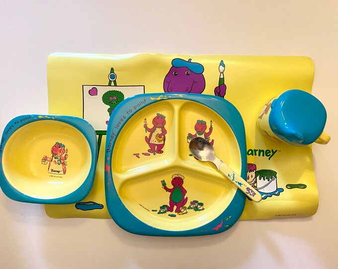 Barney Plate, Cup, Bowl, Spoon and Placemat, 1990's Kids Dinnerware ...