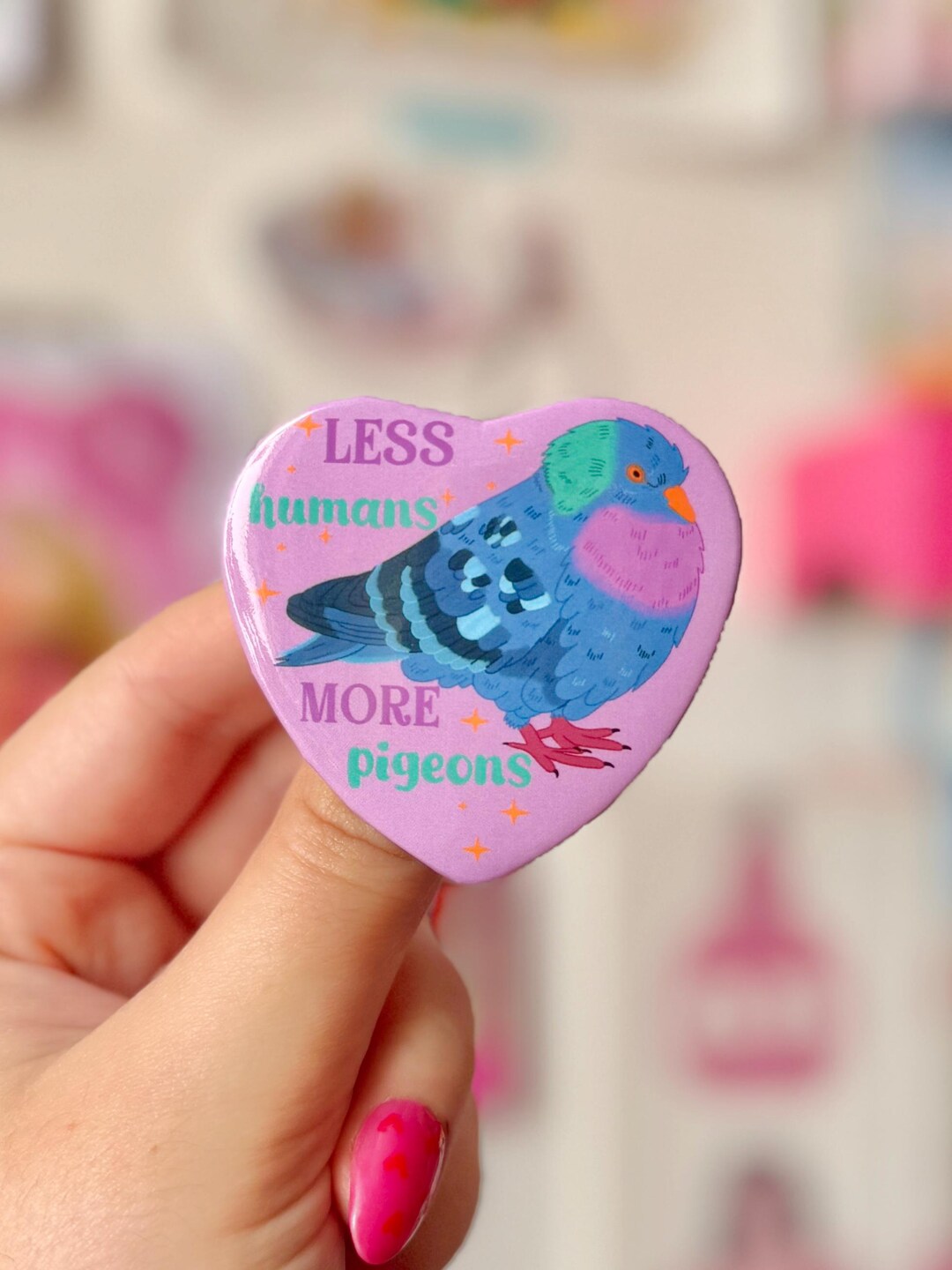 Less Humans, More Pigeon - Heart Badge - Crafted in Chaos - Pigeon ...