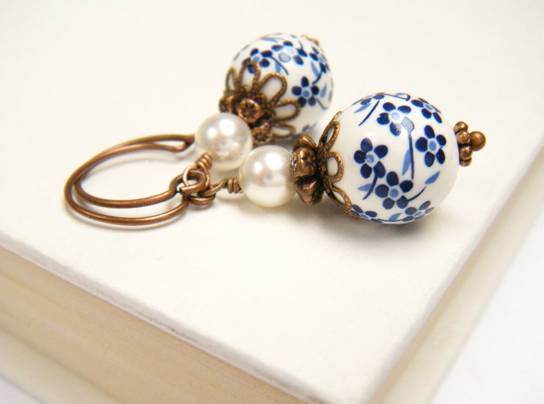 Delft Blue Flower Earrings, Ceramic Jewelry - Etsy