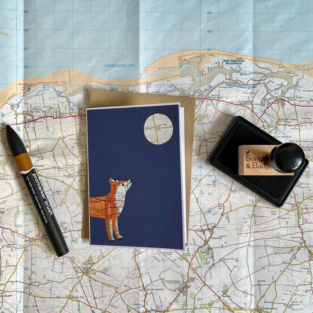Hand-drawn Moonlit Fox Card: OS Map Art, Blank A6 Card - Etsy