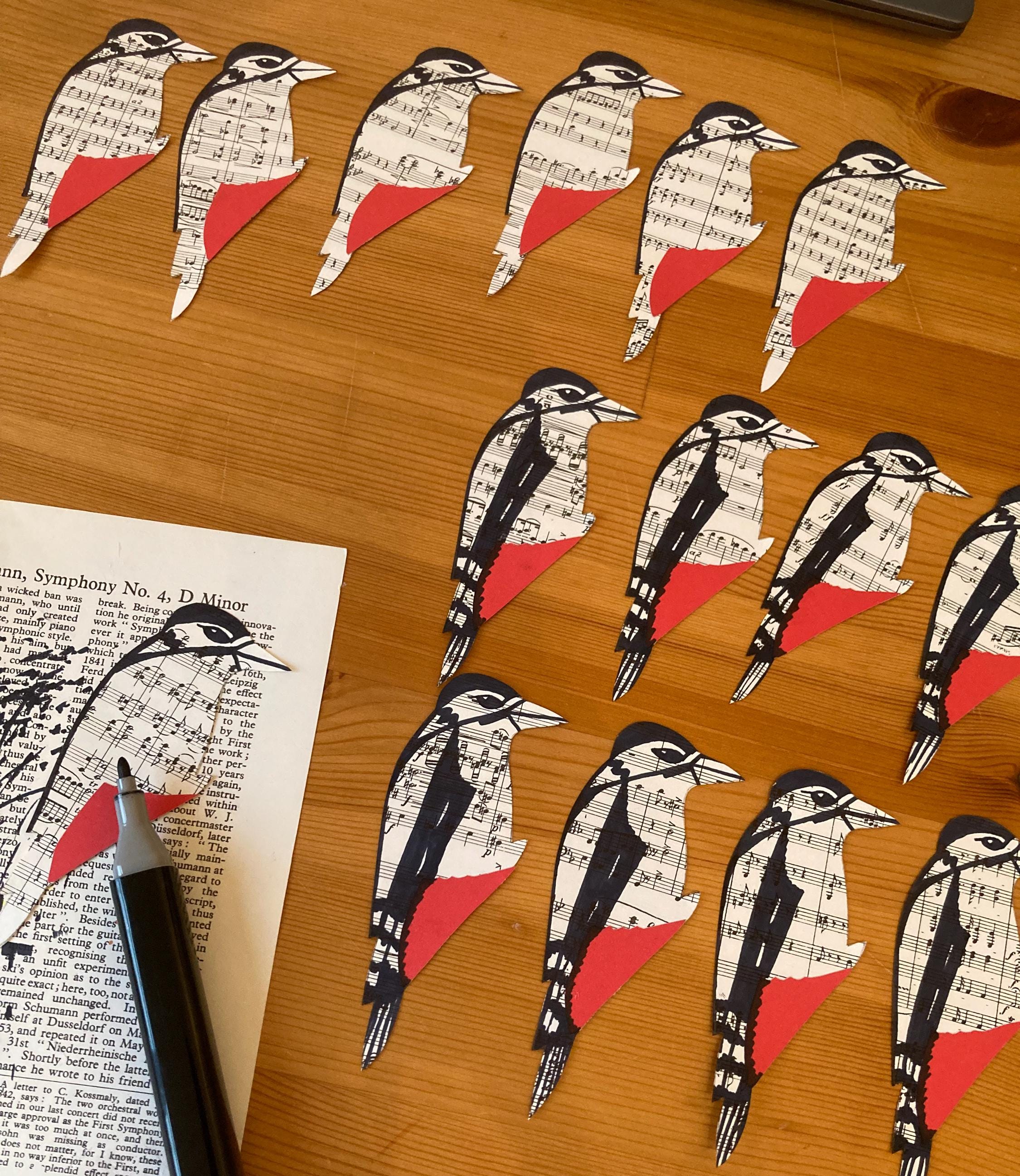 Pack of 4 Bird Cards Hand-drawn Onto Sheet Music, Woodpecker, Swallow ...