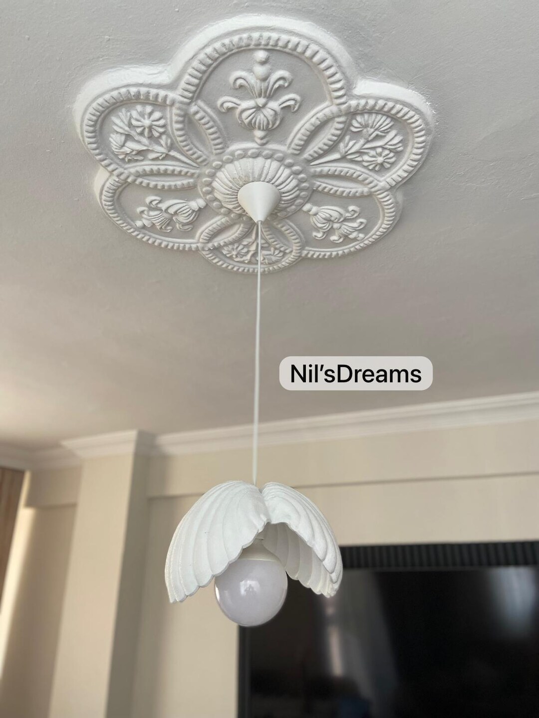 White Seashell Concrete Pendant Light, Modern Coastal Ceiling Lamp ...