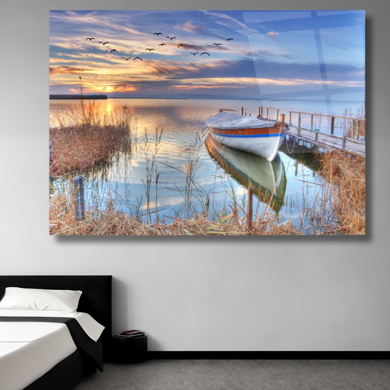 Tranquil Lake Sunset Glass Wall Art - Serene Boat Dock Scene - Nature ...