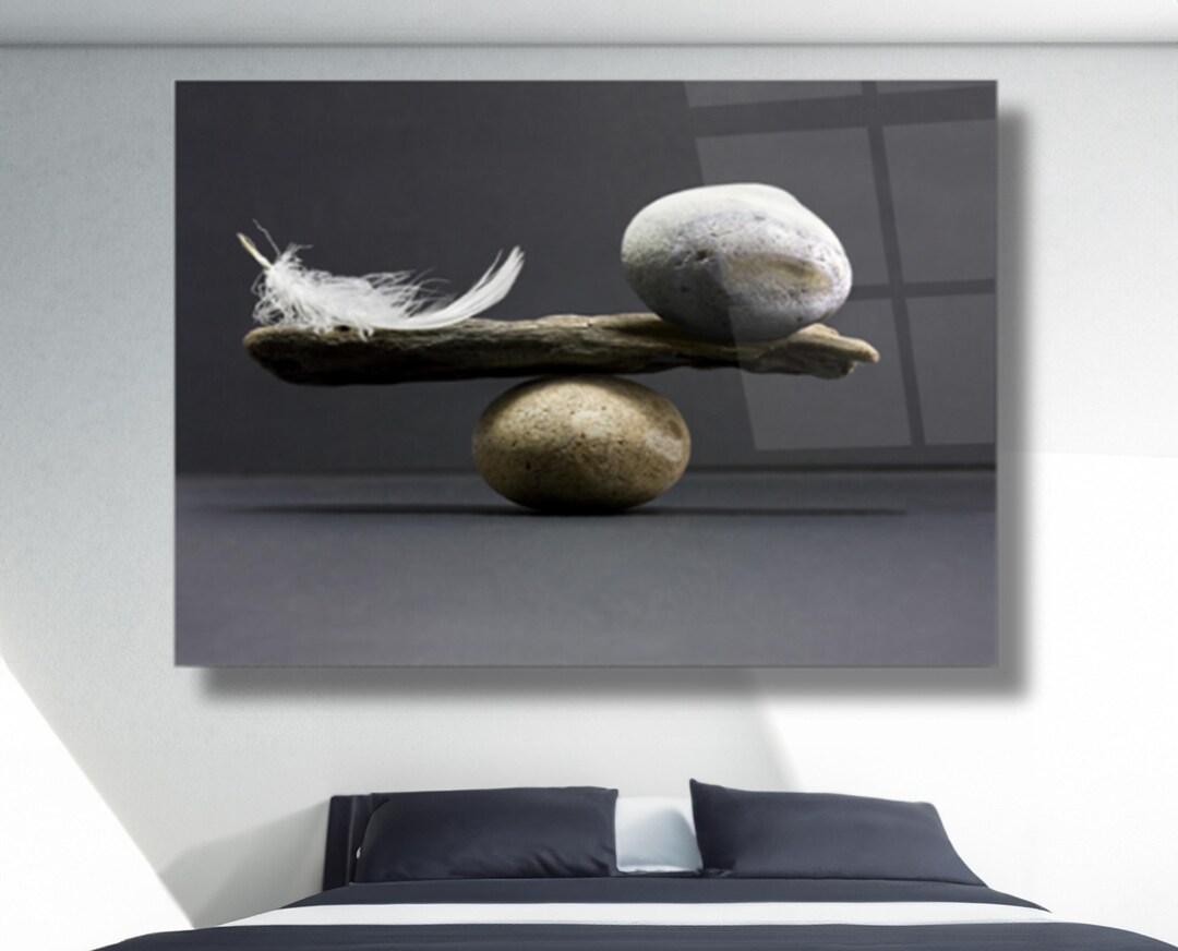 Zen Balance Glass Wall Art – Minimalist Stone Feather Harmony Decor - Etsy