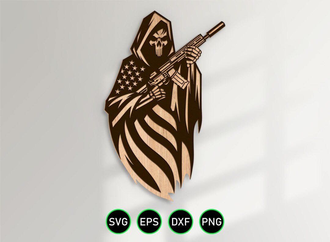 Grim Reaper Holding Rifle American Flag Punisher Skull SVG Vector Files ...