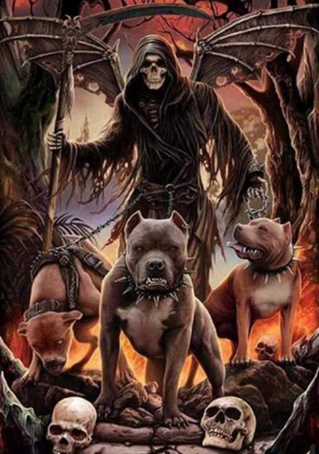 Grim Reaper Gothic Biker Pit Bull Horror Hell Skeleton Motorbike Petrol ...