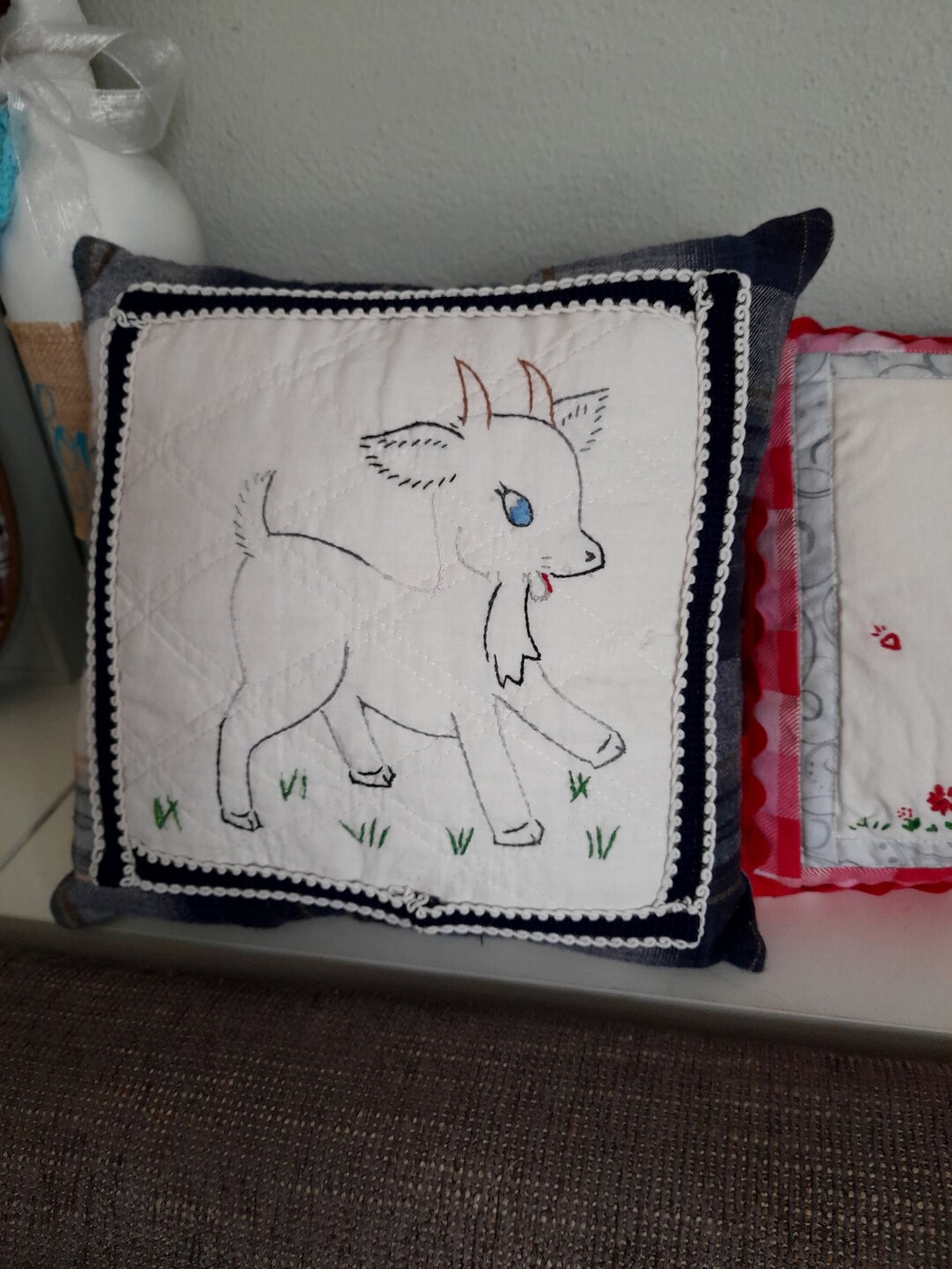 Small Billy Goat Hand Embroidered Plaid Pillow - Etsy