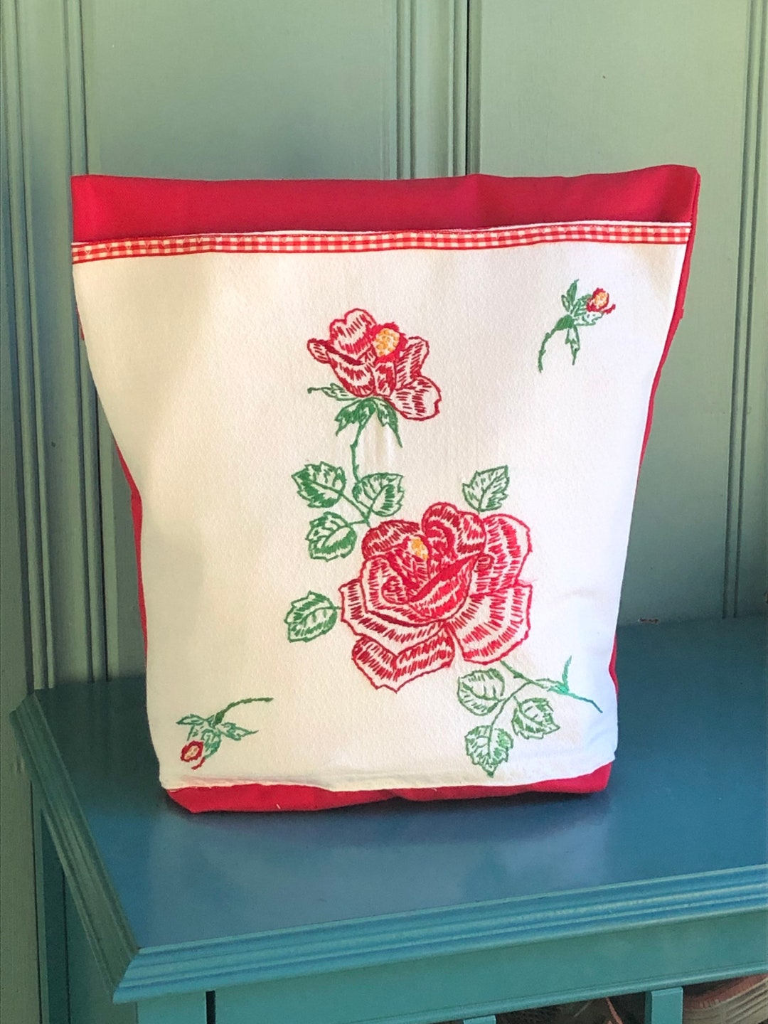 Decorative Storage or to Go Bag With A Vintage Embroidered Front Pocket ...