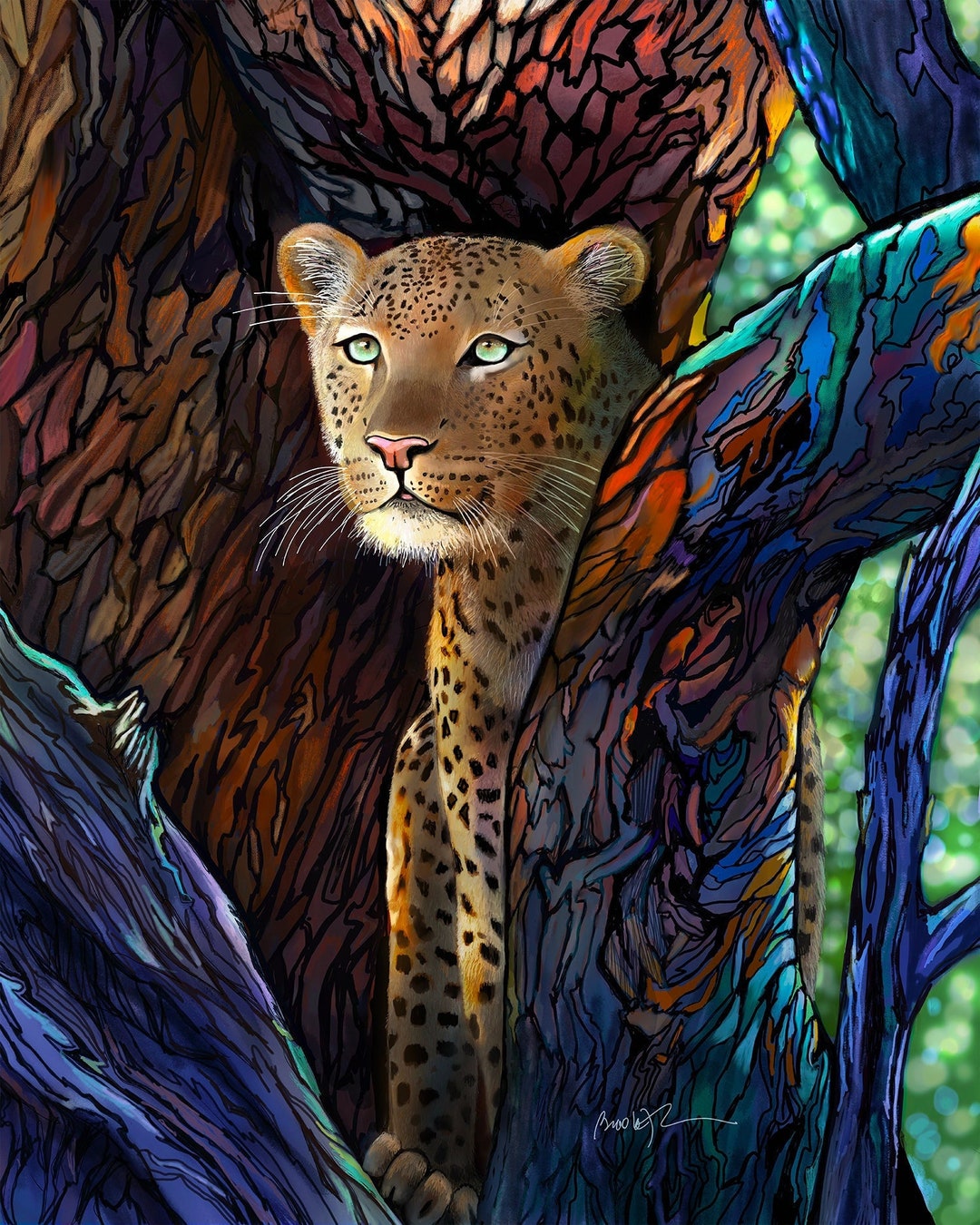Leopard in a Tree With Colorful Bark - Etsy