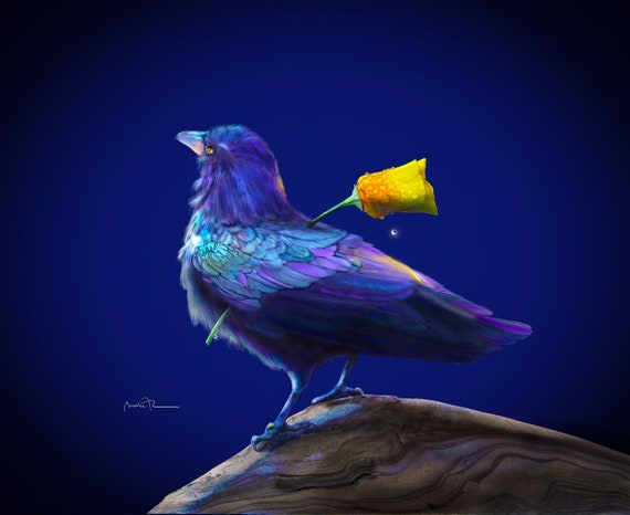 Crow With a Poppy Digital Mashup | Etsy