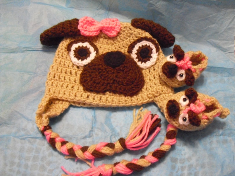 PUG Hat & Bootie Set- SO CUTE! Big Eyes, Pug Nose, Curly Tail - Etsy