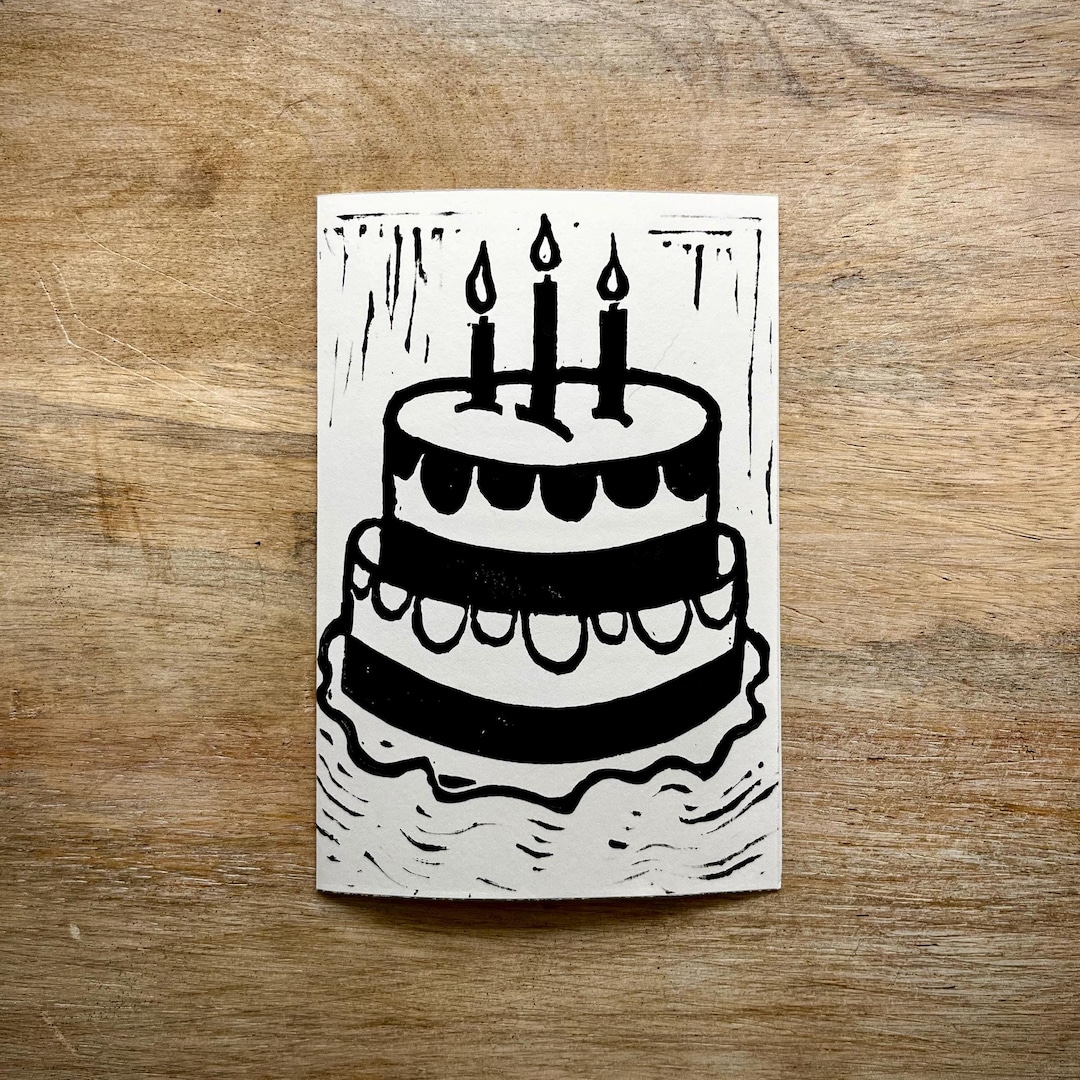 Birthday Cake Birthday Card - Linocut Print Card, Handmade Linoleum ...