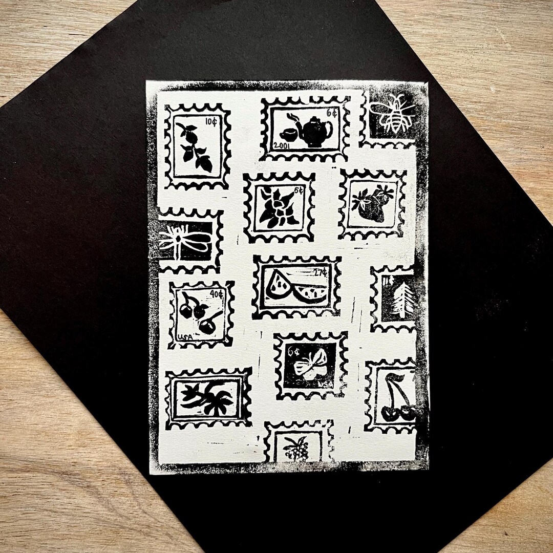Postage Stamps - Linocut Print, Handmade Linoleum Print, 5x7 - Etsy