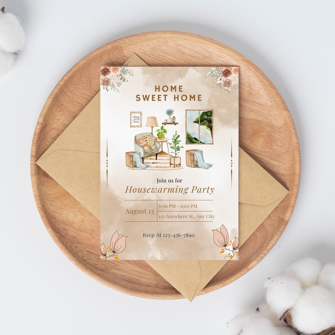 Beige & Brown Floral Housewarming Party Invitation - Editable Digital ...