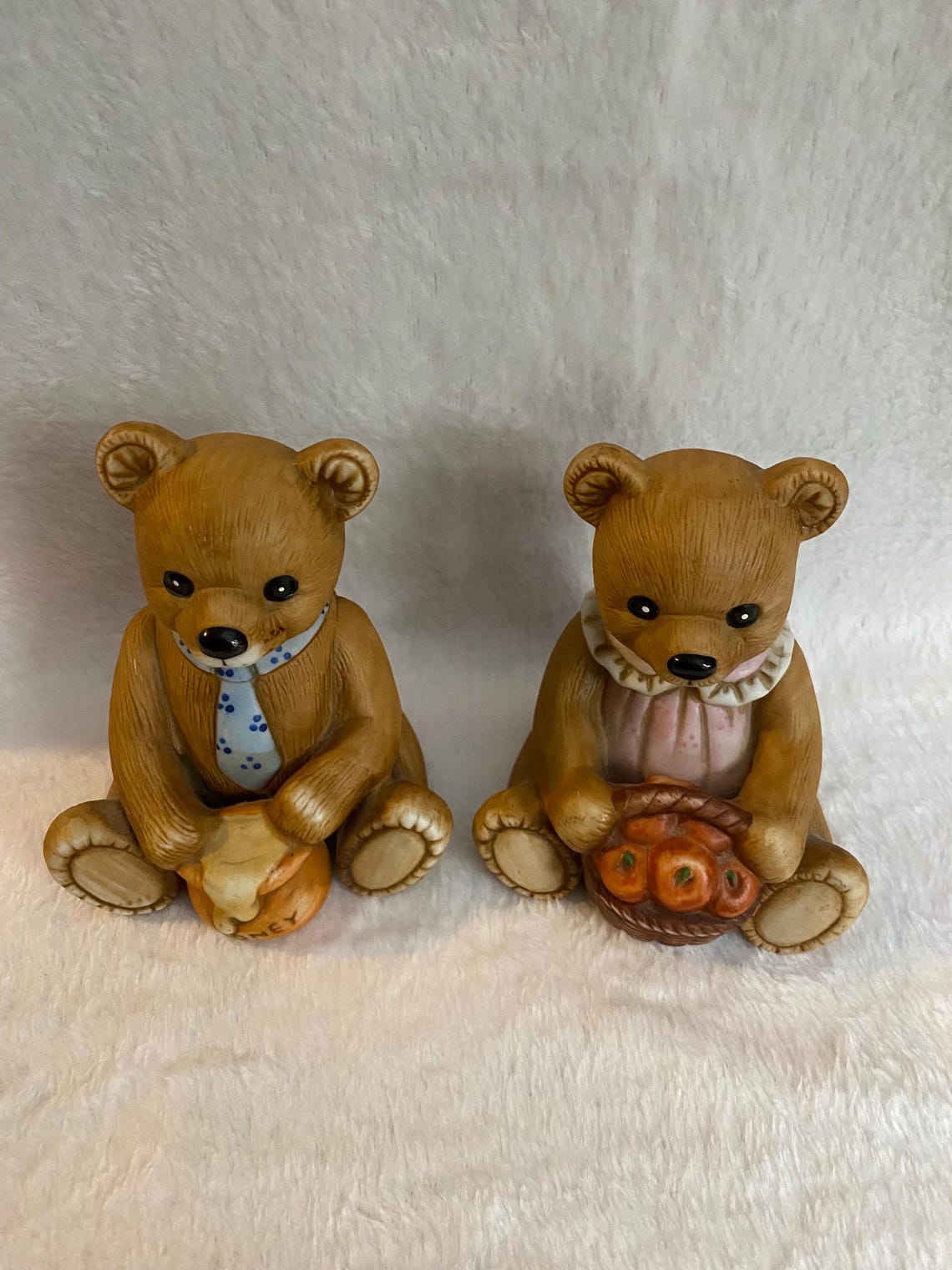 Porcelain HOMCO Teddy Bears Boy W/honey Girl W/apples ~ Vintage 4" Tall ...