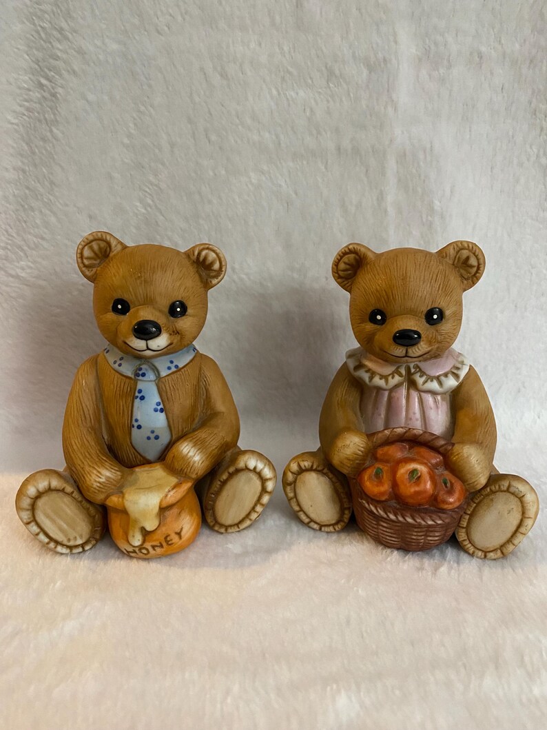 Porcelain HOMCO Teddy Bears Boy W/honey Girl W/apples ~ Vintage 4" Tall ...