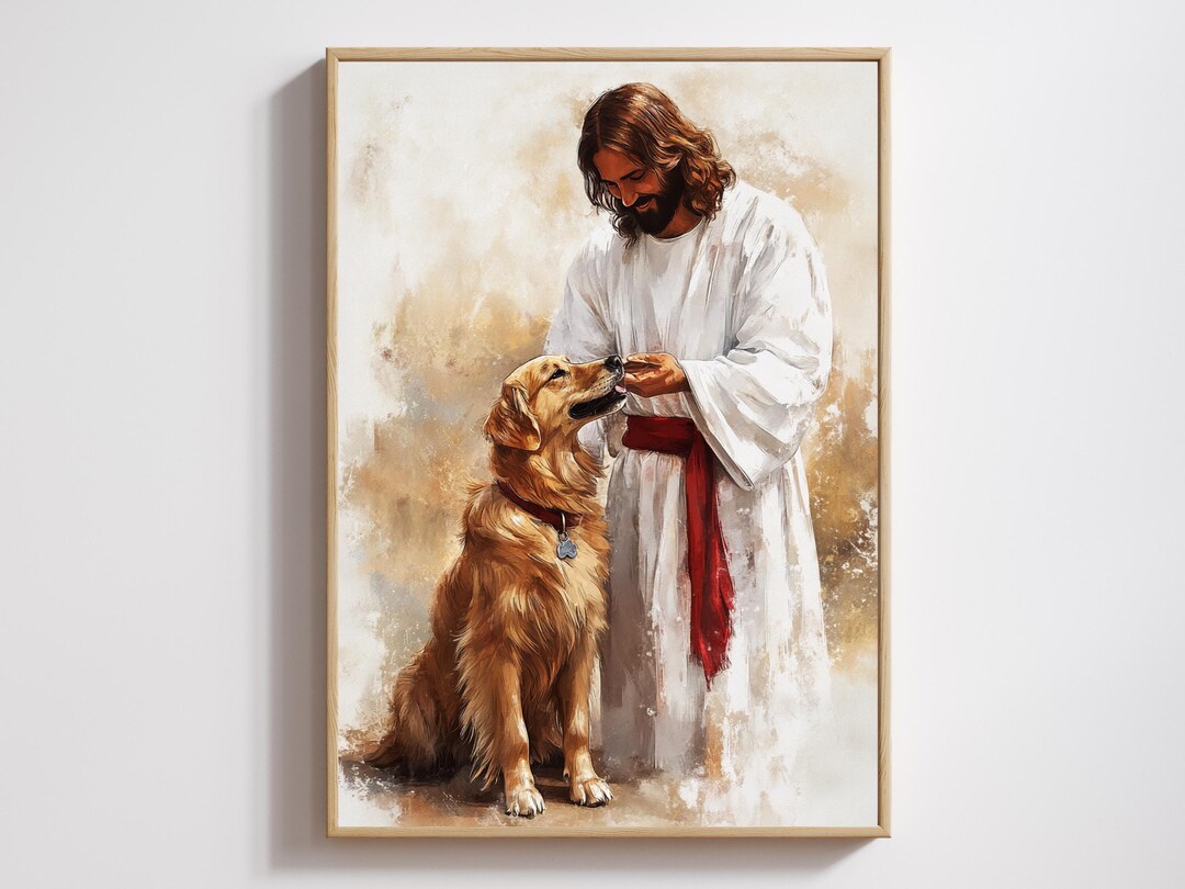 Jesus Petting A Dog - Printable Art, Painting of Jesus With A Dog Modern Christian Art, Jesus ...