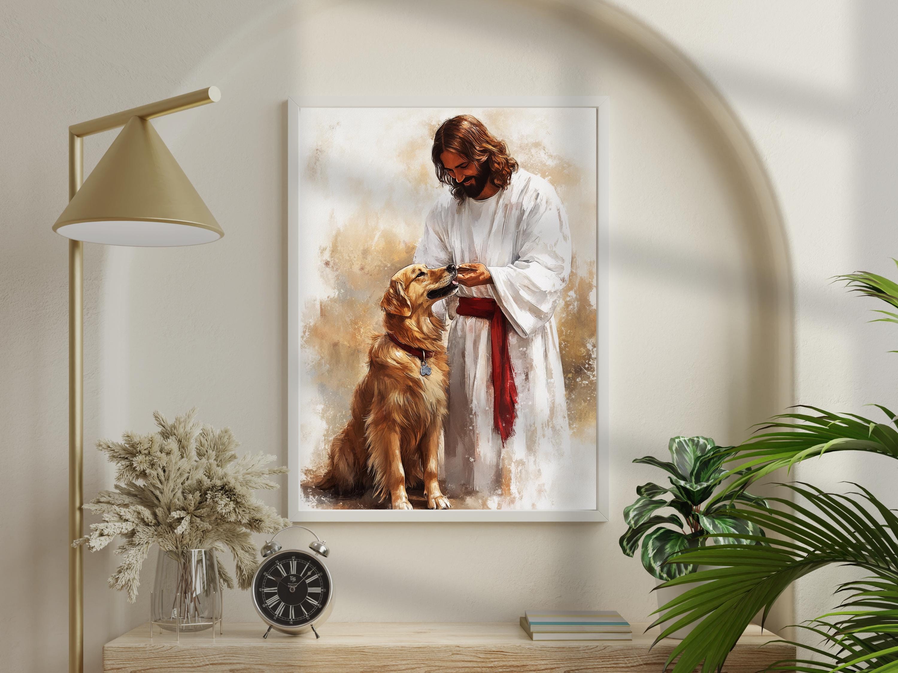Jesus Petting A Dog - Printable Art, Painting of Jesus With A Dog Modern Christian Art, Jesus ...
