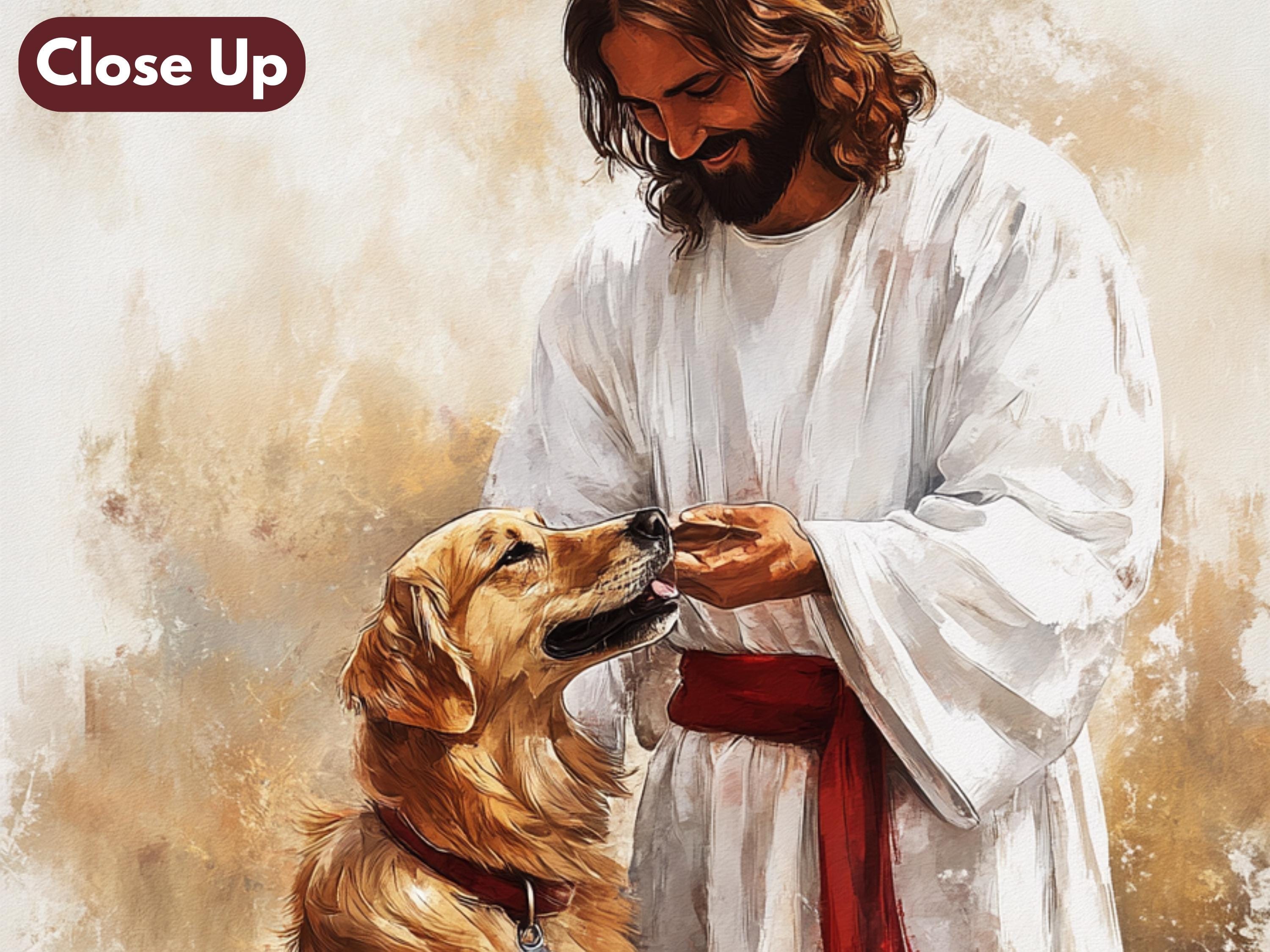 Jesus Petting A Dog - Printable Art, Painting of Jesus With A Dog Modern Christian Art, Jesus ...