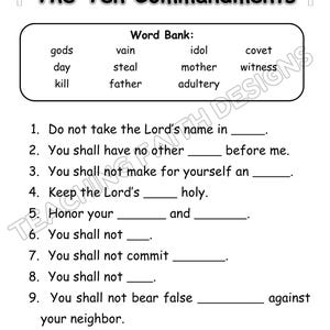 The Ten Commandments Fill in the Blank Worksheet for Kids - ANSWER KEY ...