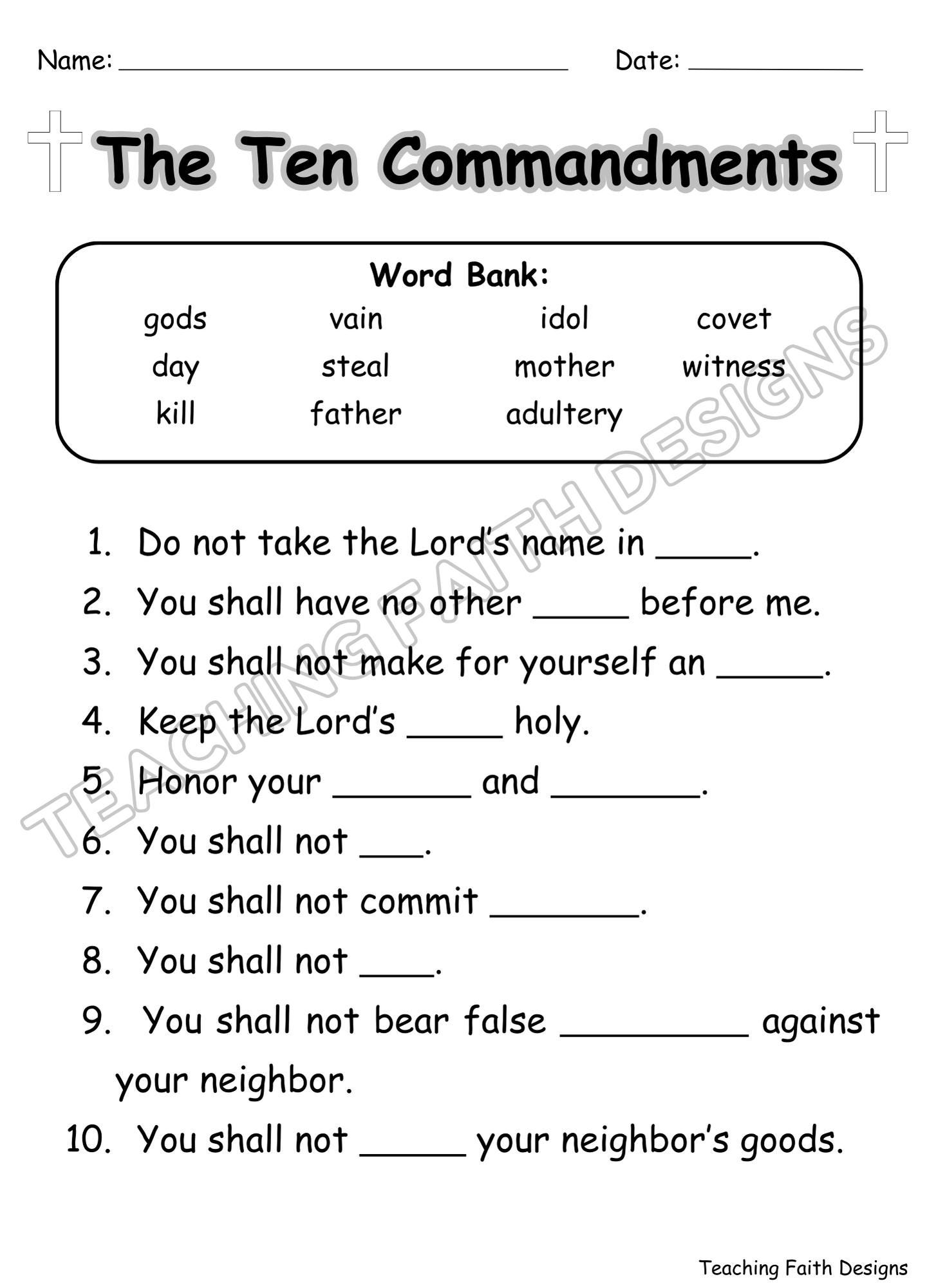 Catholic Ten Commandments Worksheet The Ten Commandments – Laminated