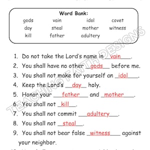 The Ten Commandments Fill in the Blank Worksheet for Kids - ANSWER KEY ...