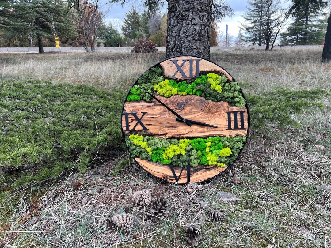 Farmhouse Style Wood Live Edge Wall Clock, Reindeer Moss and Olive Wood ...