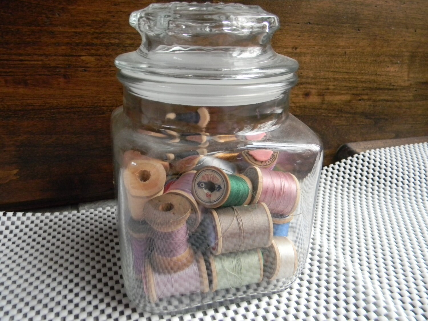 Wooden Thread Spools in Glass Compote Jar Farmhouse Retro Chic Craft ...