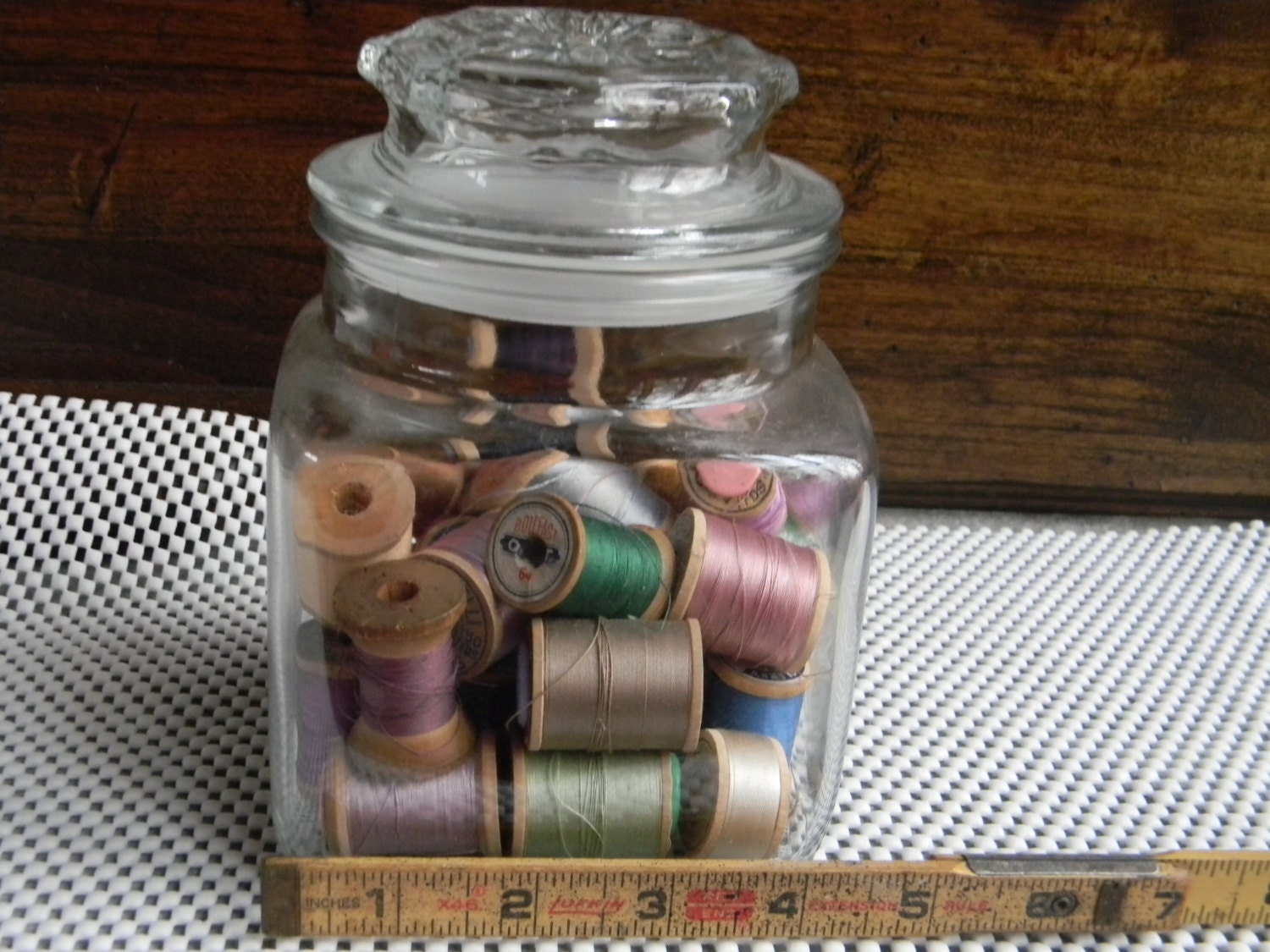 Wooden Thread Spools in Glass Compote Jar Farmhouse Retro Chic Craft ...
