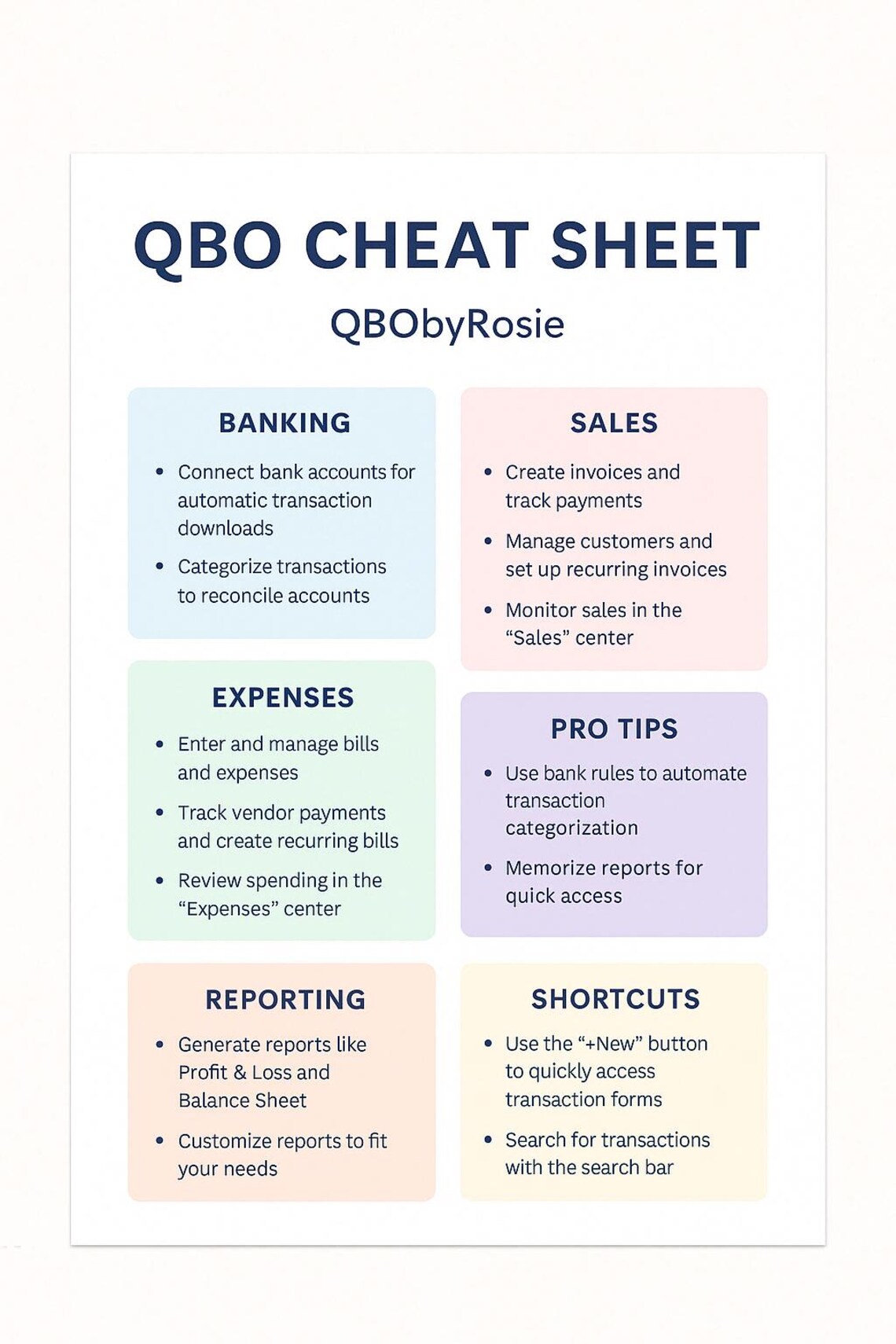 Quickbooks Online (QBO) Cheat Sheet - Etsy