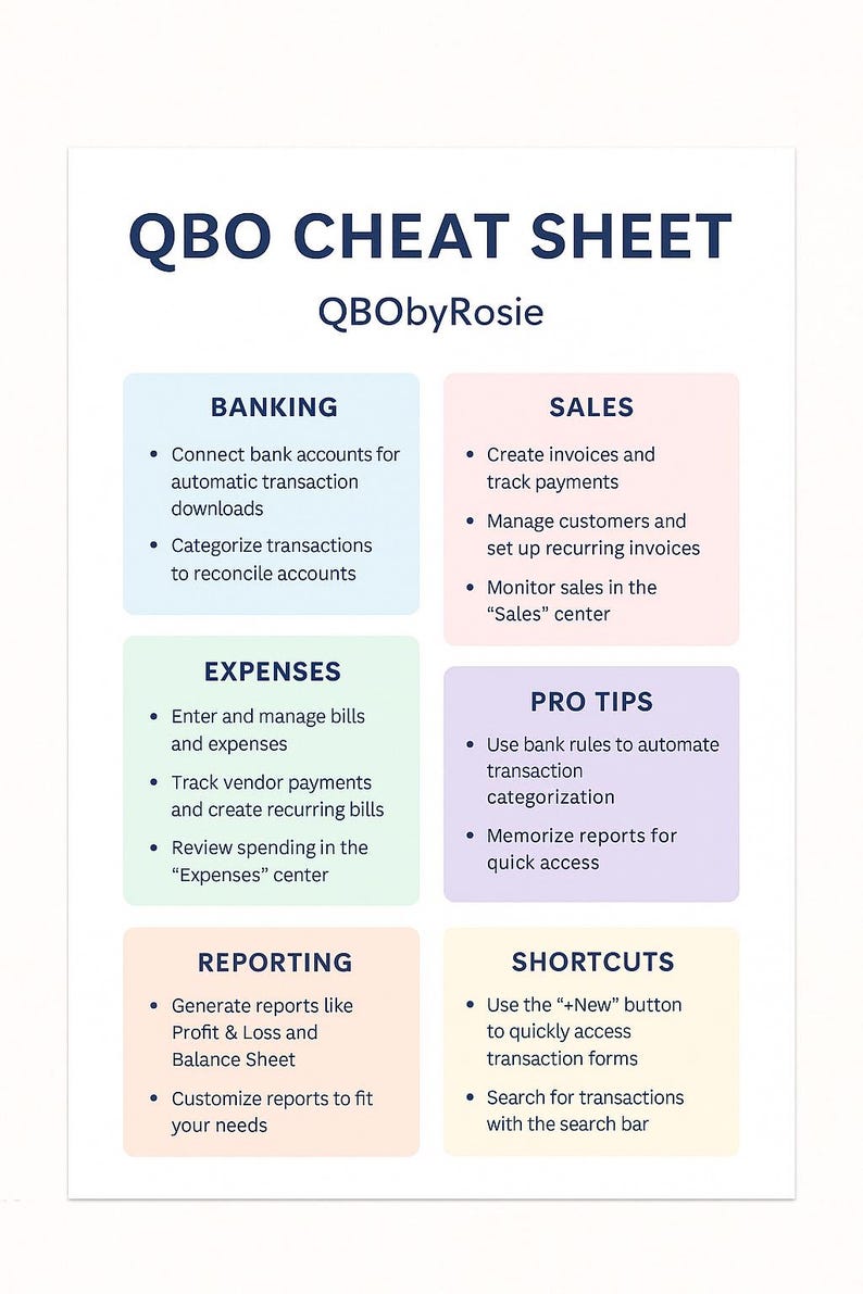 Quickbooks Online (QBO) Cheat Sheet - Etsy