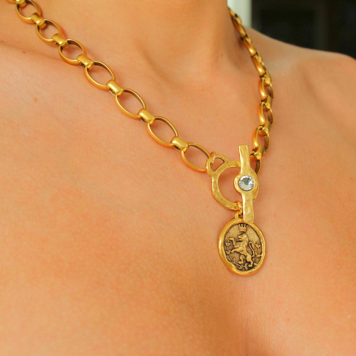 Chunky Lion Coin Necklace: Antiqued Gold Chain With CZ Diamond Vintage ...