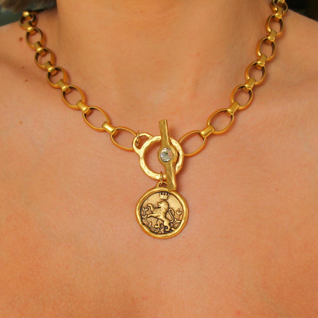 Chunky Lion Coin Necklace: Antiqued Gold Chain With CZ Diamond Vintage ...