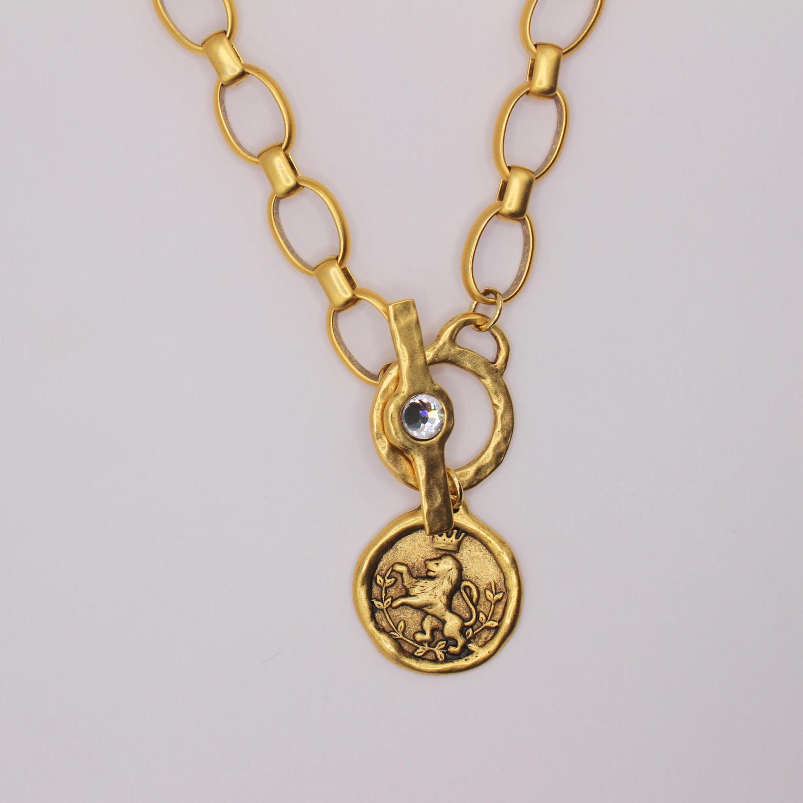 Chunky Lion Coin Necklace: Antiqued Gold Chain With CZ Diamond Vintage ...