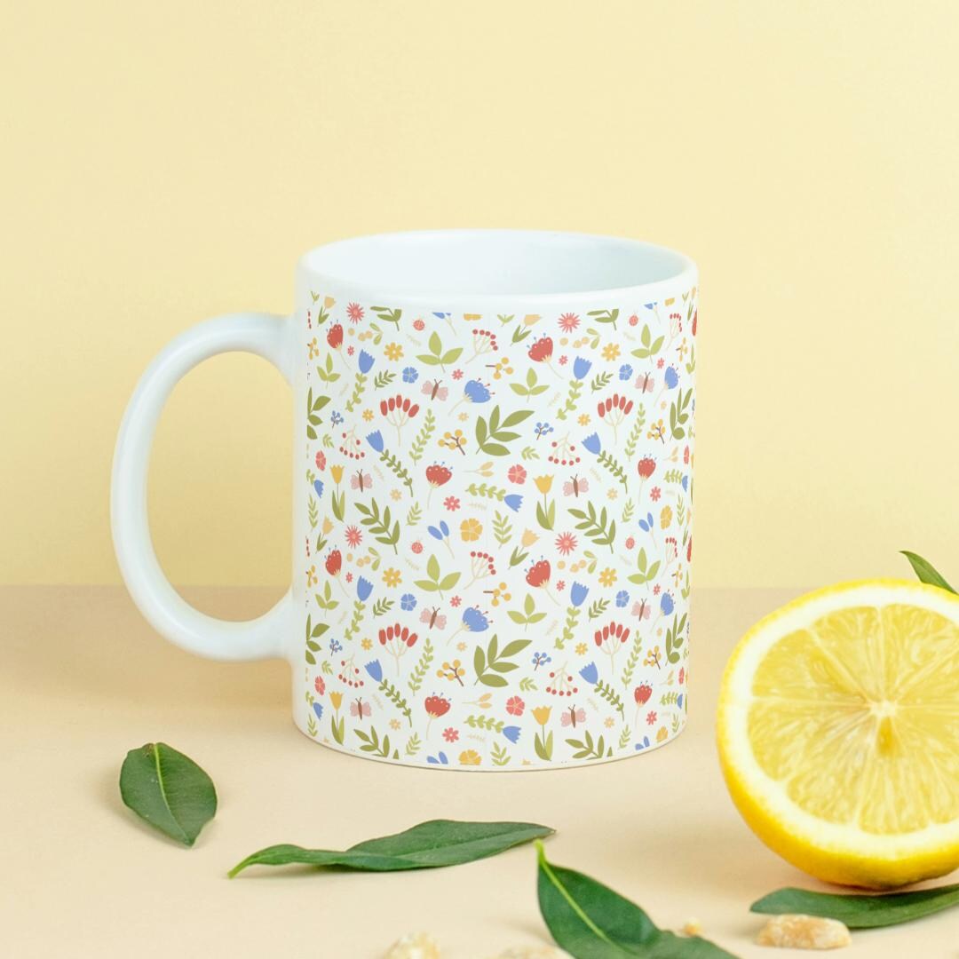 Ceramic Mug, Floral Pattern, Cute Flowers, Colorful Leaves, Boho ...
