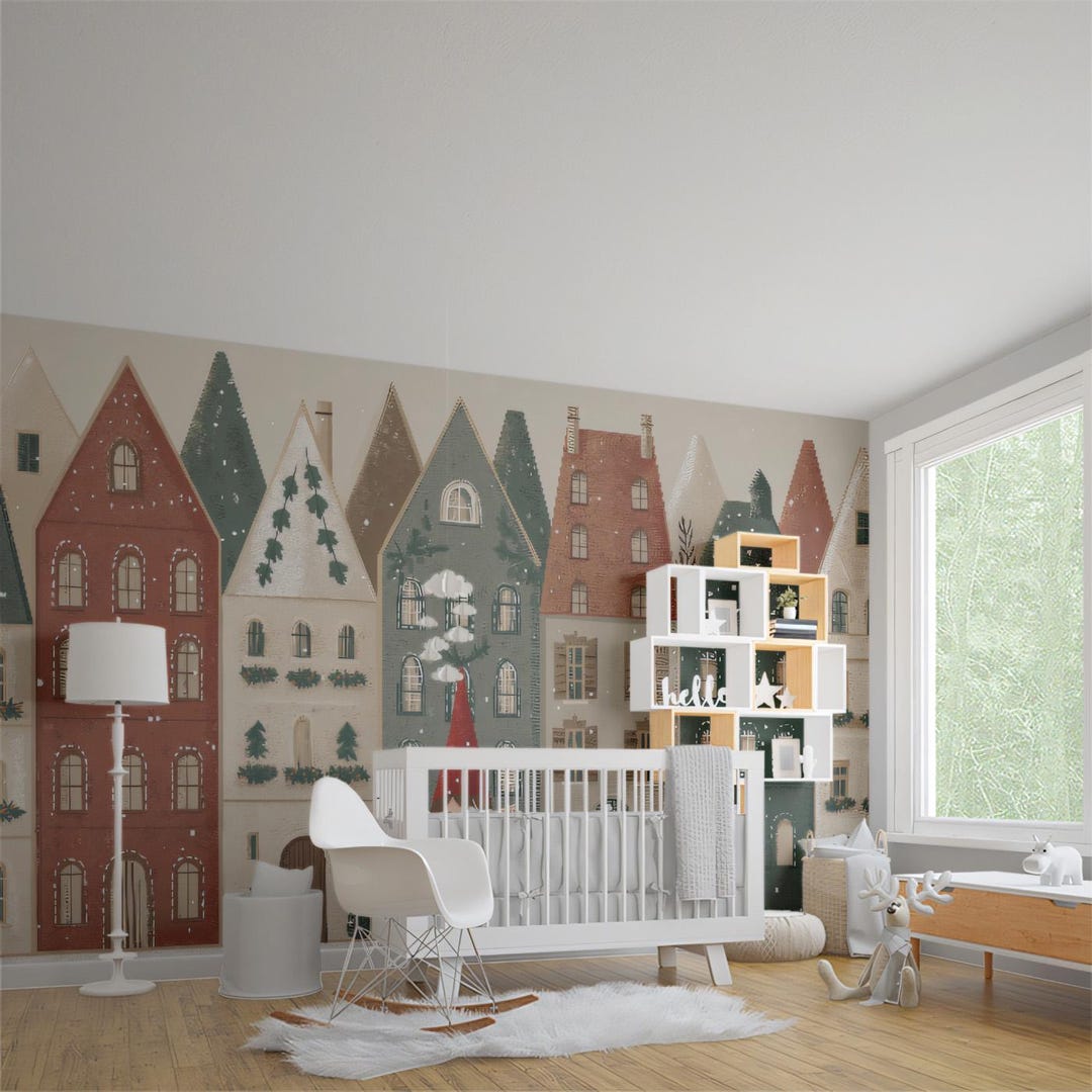 Nordic Row House and Elf Mural Wallpaper | Muted Earth Tones, Minimal ...