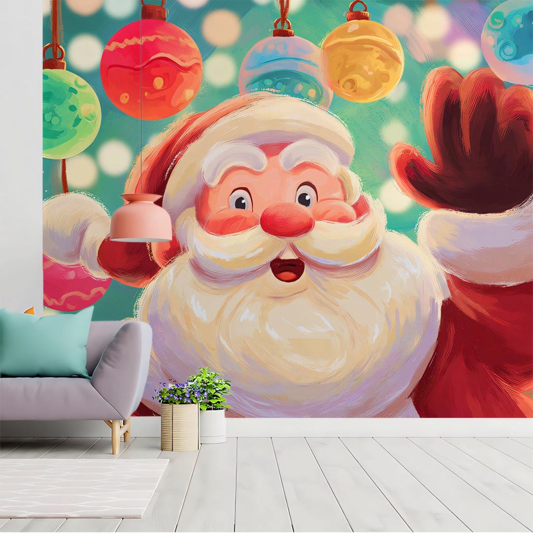 Close-up Cartoon Santa Portrait Mural Wallpaper | Cheerful Expression ...