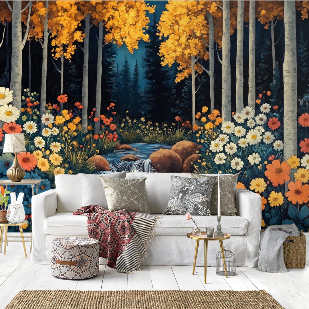 Autumn Forest Stream Mural Wallpaper: Rustic Living Room Decor - Etsy