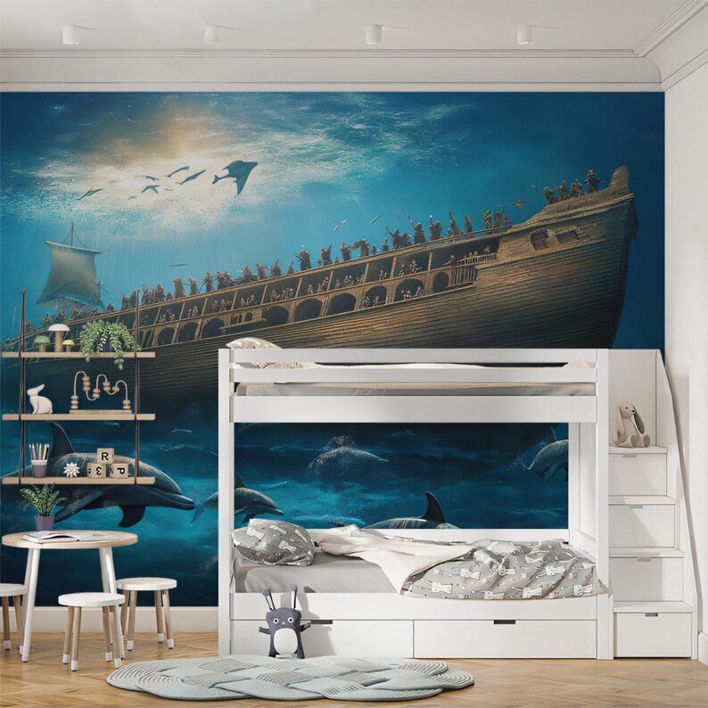 Noah's Ark Underwater Mural Wallpaper in Bedroom | Various Colors (blue ...