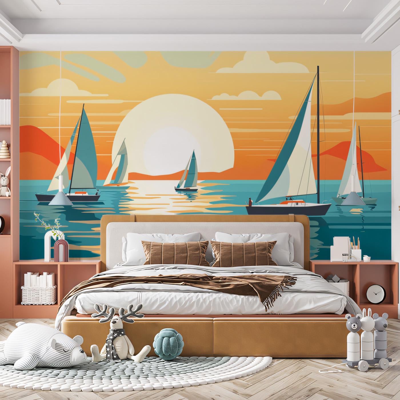 Sunset Sailing Boats Mural Wallpaper: Coastal Bedroom Decor - Etsy Canada