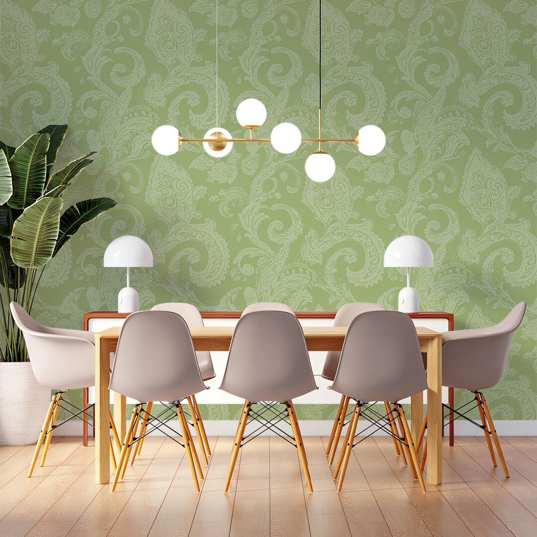 Fresh Paisley Bloom Mural Wallpaper | Elegant Green & Grey Harmony - Etsy