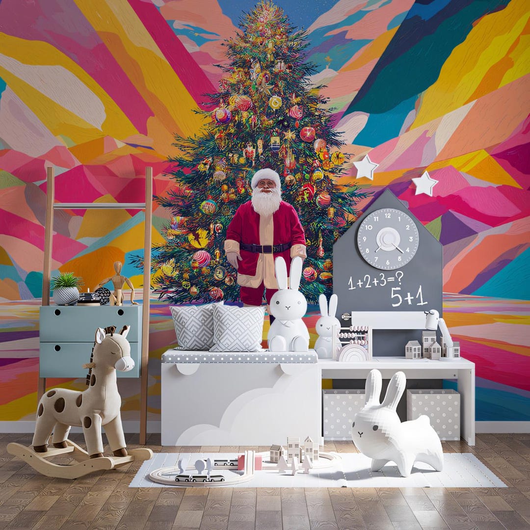 Pop Art Christmas Tree Mural | Santa Wallpaper, Bold Festive Geometry ...