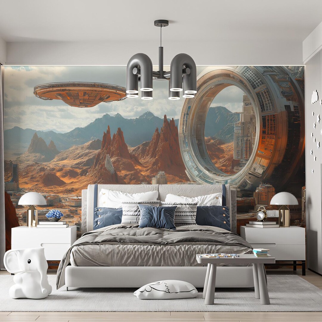Alien Landscape With UFO Mural Wallpaper | Brown, Blue, Orange - Etsy