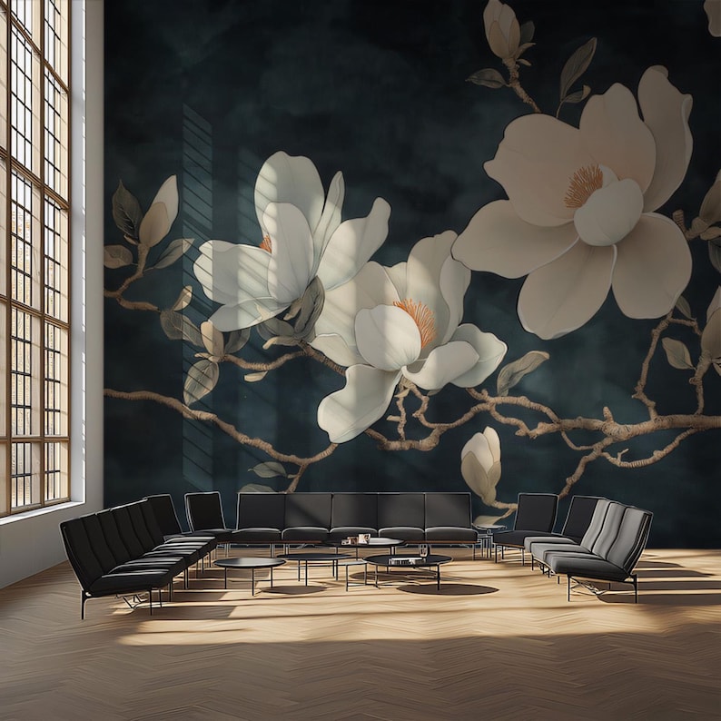 Midnight Magnolia Bloom Mural Wallpaper | Dramatic Oriental Floral - Etsy