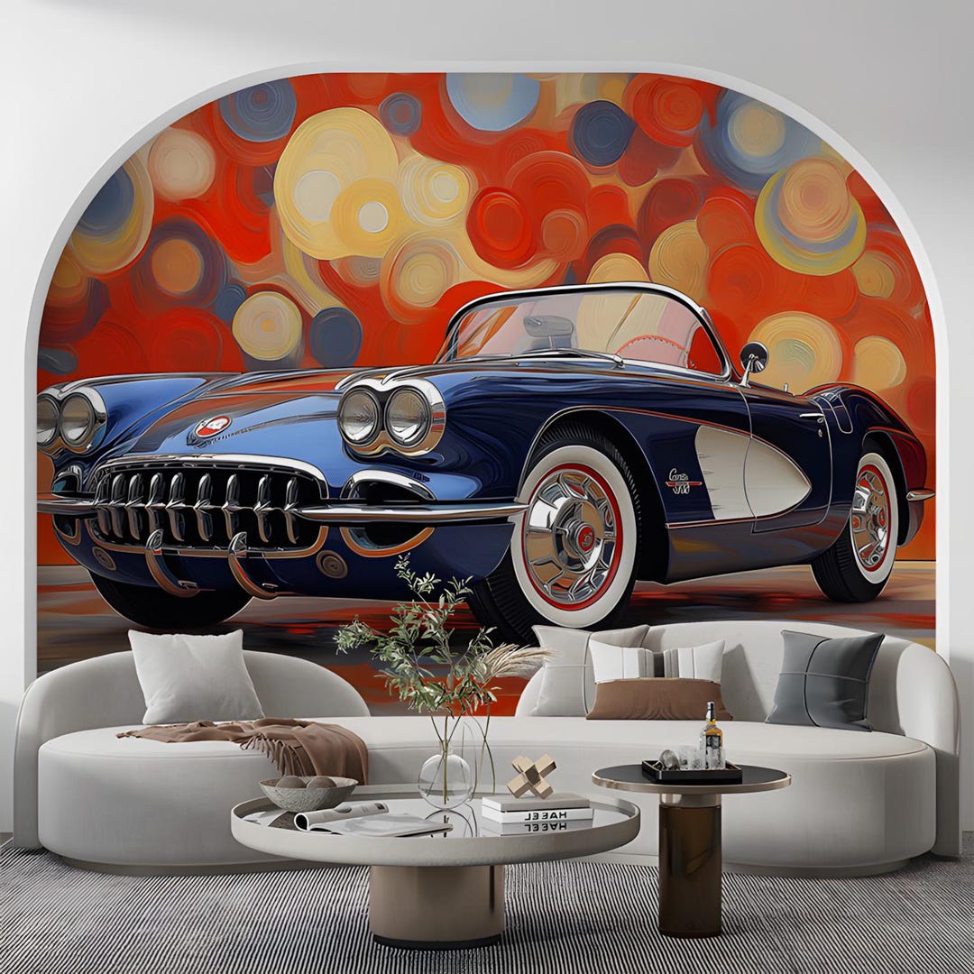 Blue Classic Car Mural Wallpaper | Retro Living Room Decor - Etsy