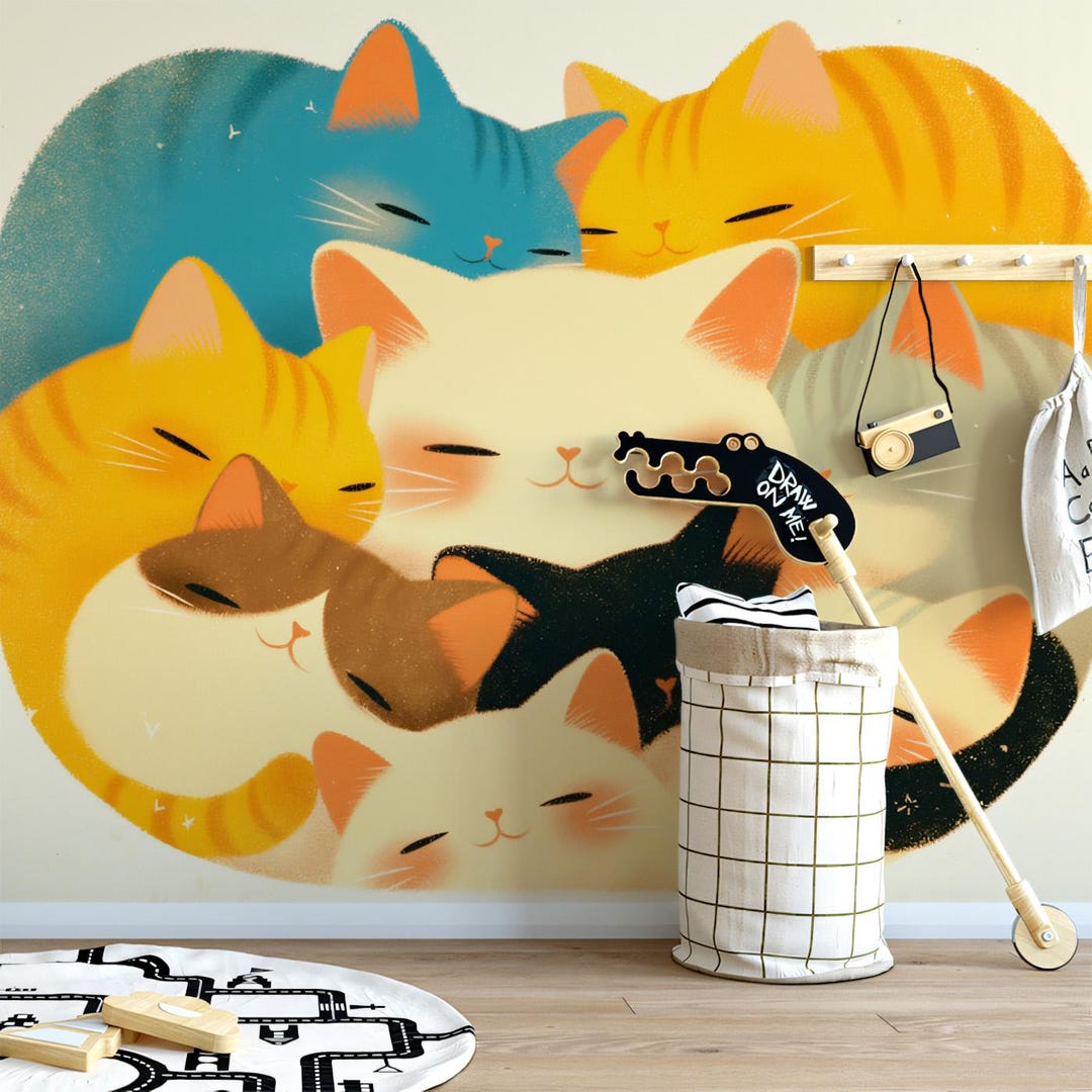 Multiple Cats Mural Wallpaper | Pastel Colors With Cuddling Cats ...