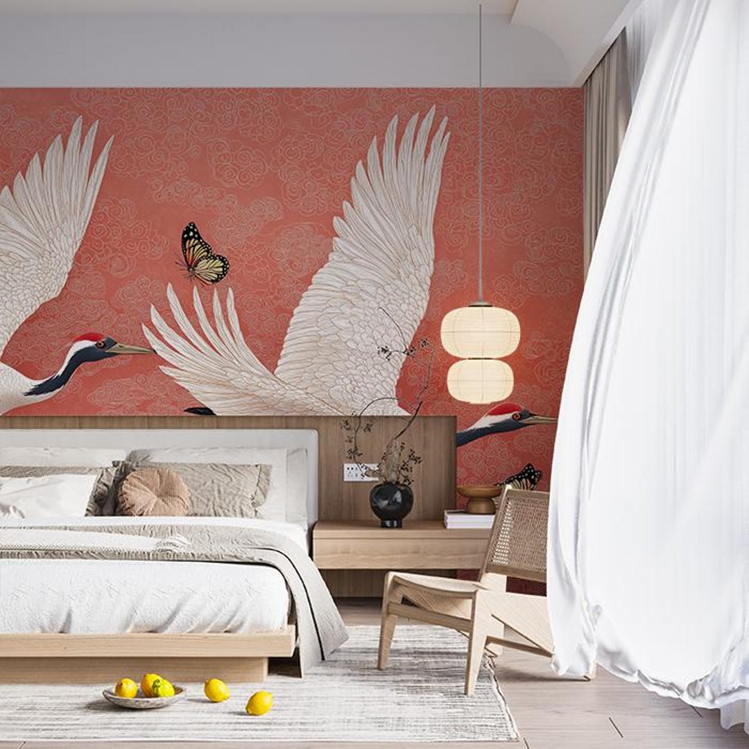 Flying Cranes Cloud Pattern Mural Wallpaper | Asian Style, Butterfly ...