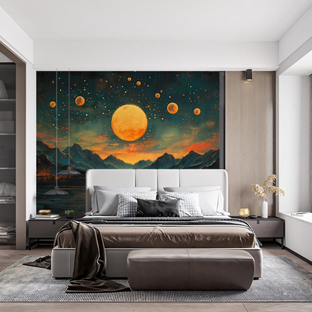 Celestial Mountain Mural Wallpaper: Cosmic Bedroom Wall Decor - Etsy