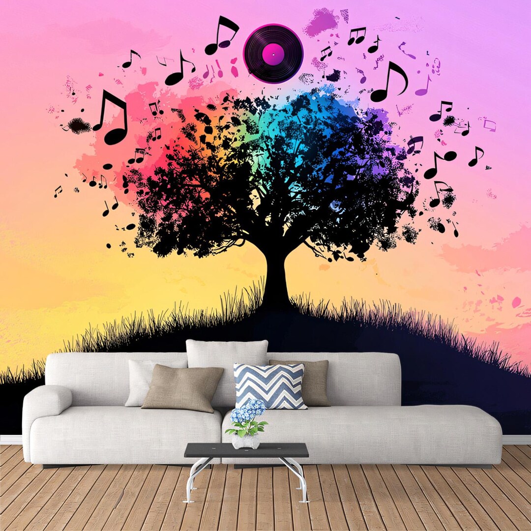 Floating Music Note Tree Mural Wallpaper | Ethereal Melodic Ascent ...