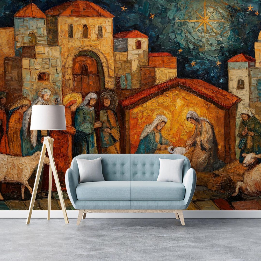 Impressionist Nativity Scene Mural Wallpaper | Oil Painting Style, Warm ...